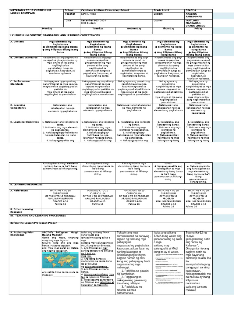Grade 4-q3w1 (Matatag DLL) - AP | PDF