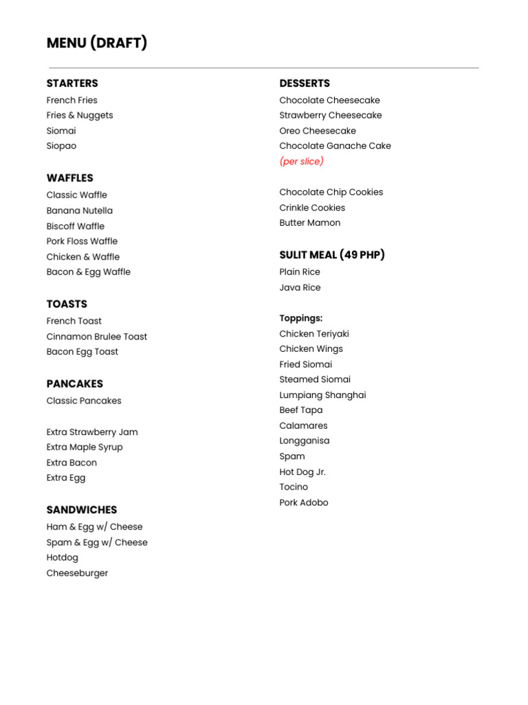 Cafe Restaurant Sample MENU | PDF