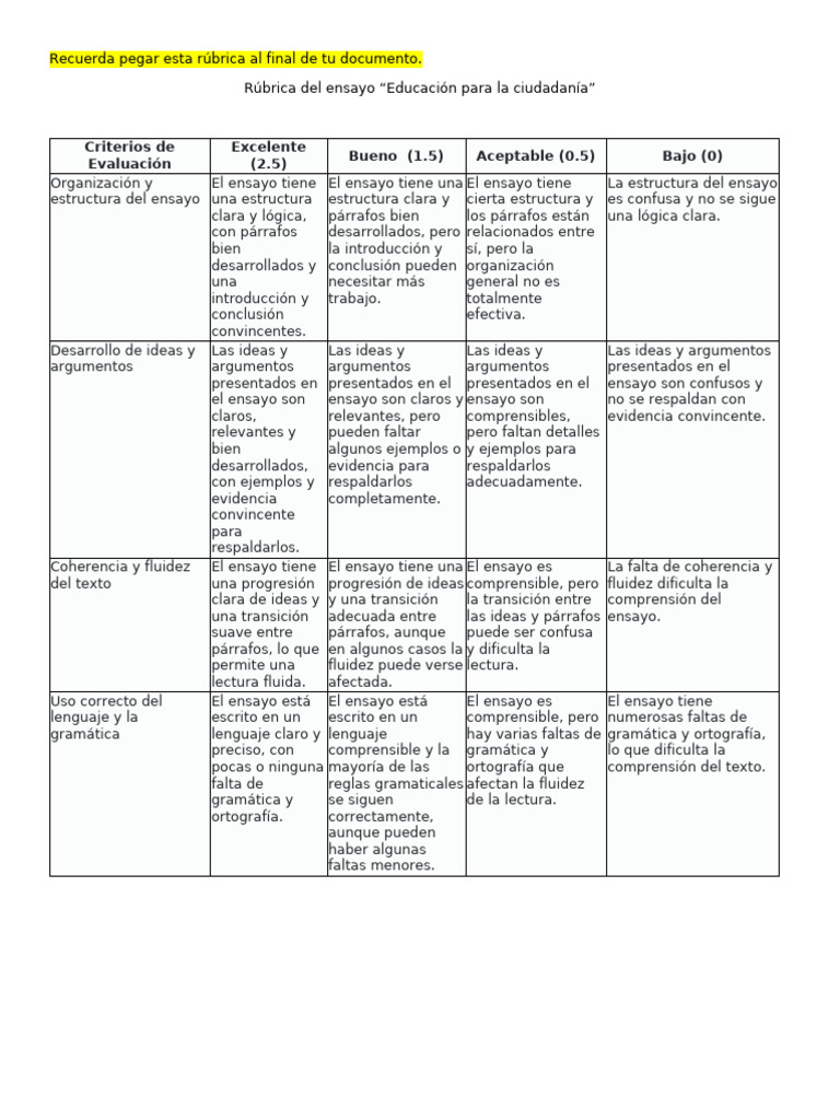 RÚBRICA ENSAYO | PDF | Ensayos | Gramática