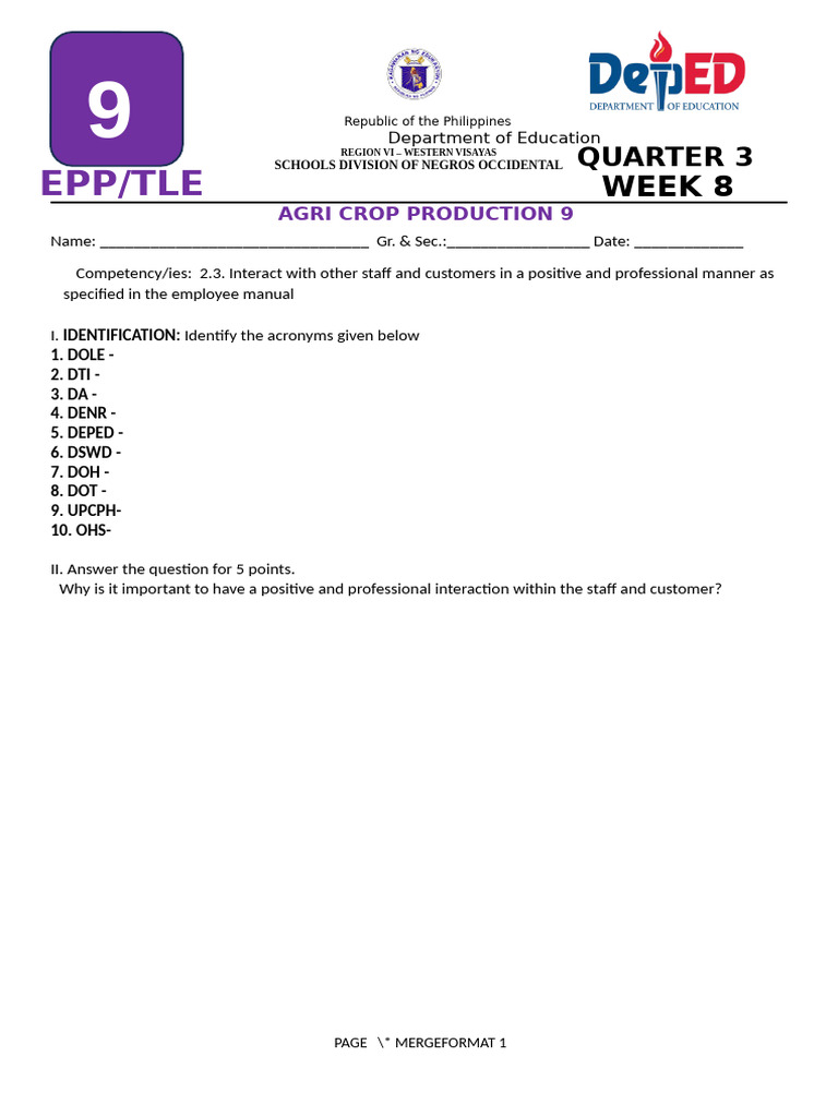 AFA_TLE AGRI CROP-GRADES 9- WEEK 8 | PDF