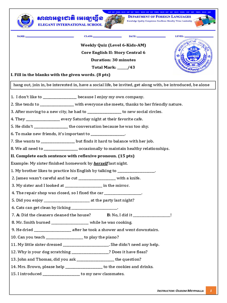 Weekly English Quiz for Kids Level 6 | PDF