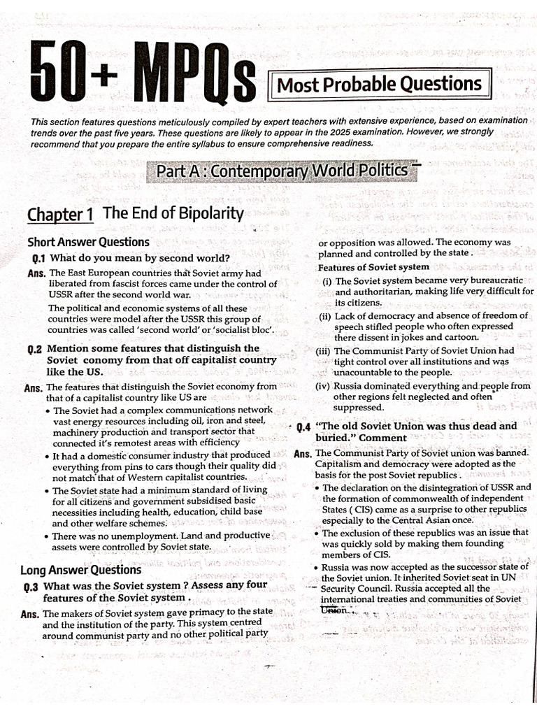 Political Sample Paper Important 50 Questions (YM) | PDF
