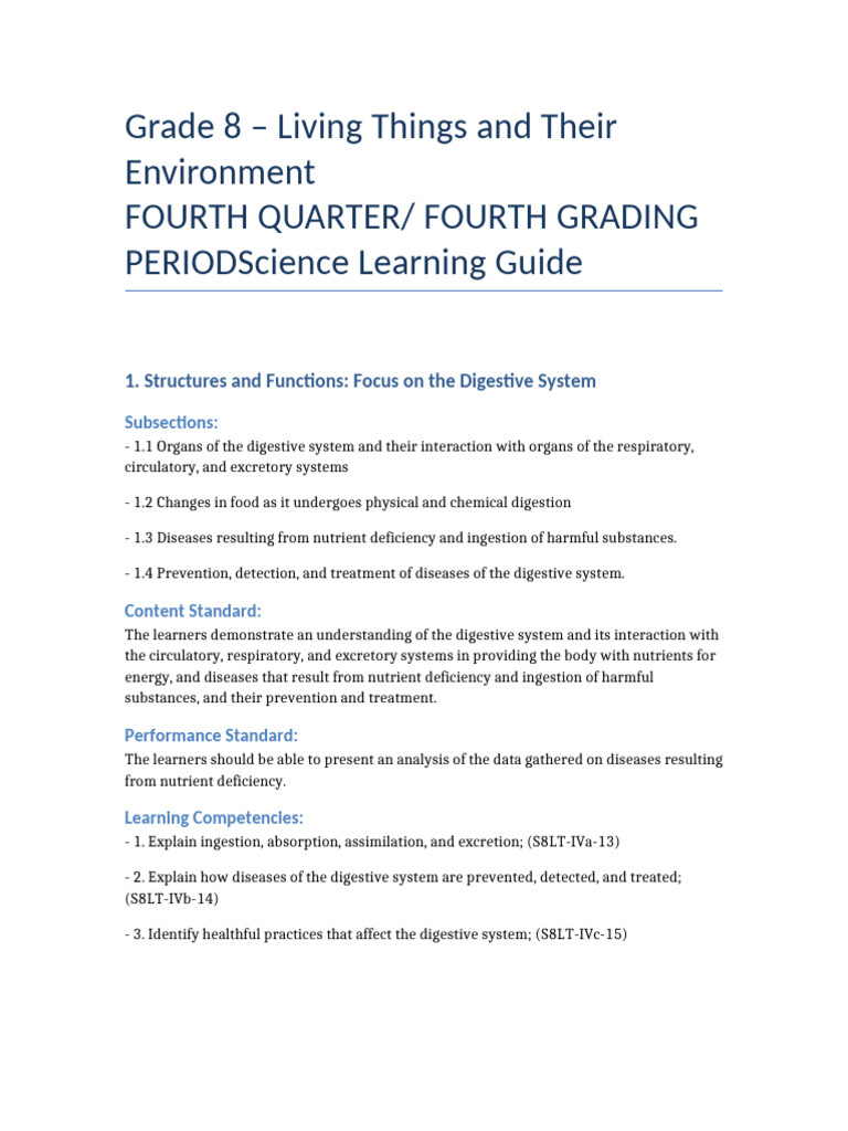 Outline Content Grade 8 Living Things and Their Environment FOURTH ...