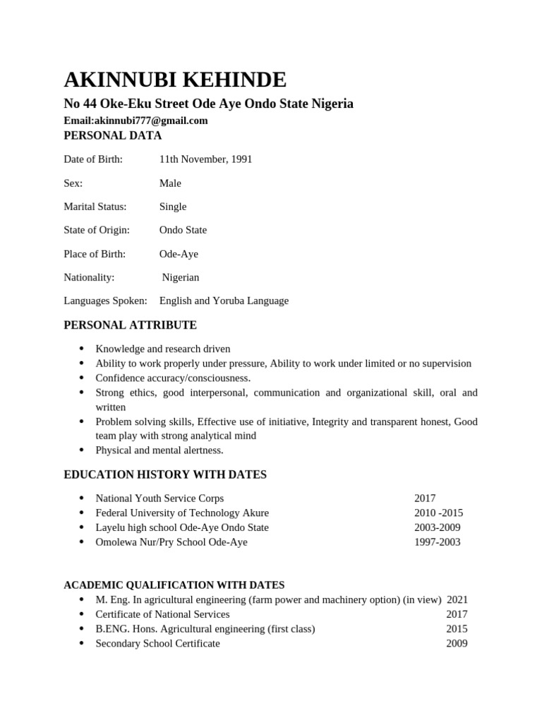 Akinnubi Kehinde Cv (2) | PDF | Engineering