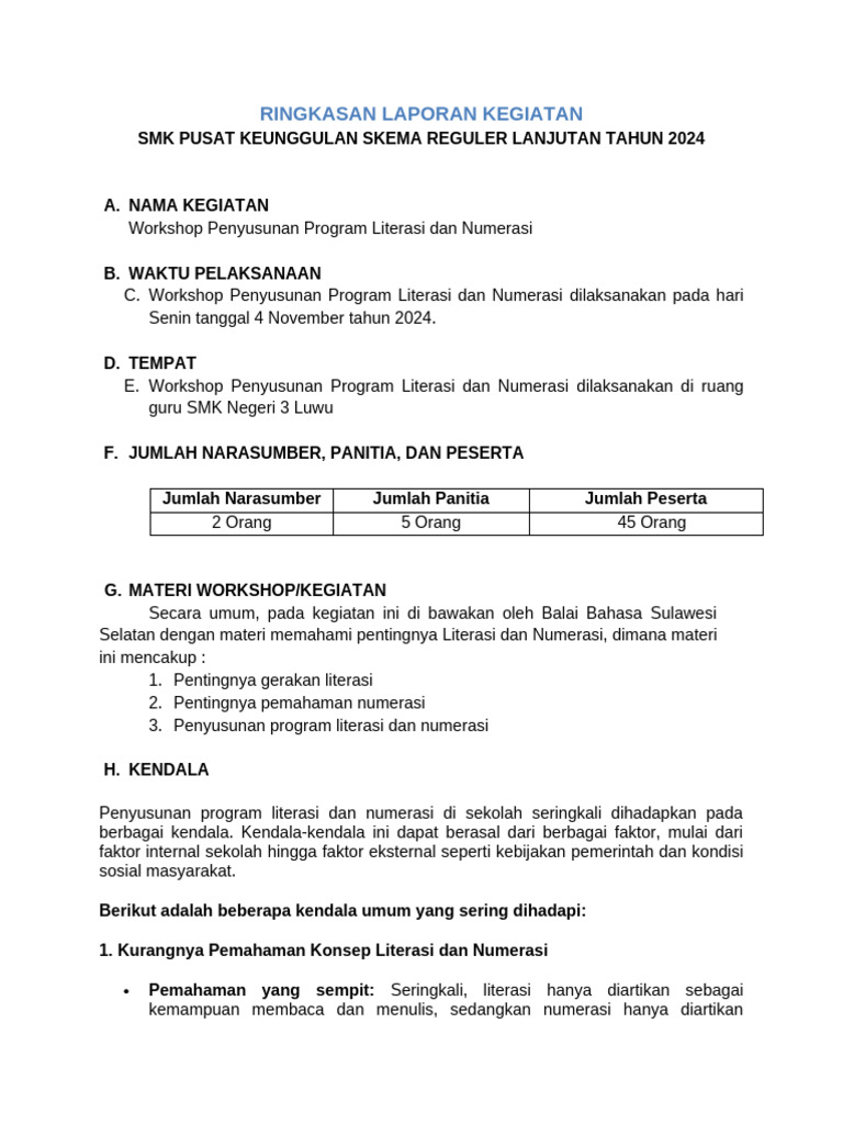 RINGKASAN LAPORAN KEGIATAN Penyusunan Program Literasi Dan Numerasi | PDF