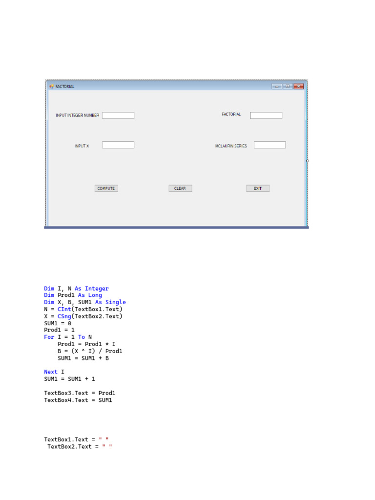 Visual Basic Programme For Factorial and Mclaurin Series | PDF