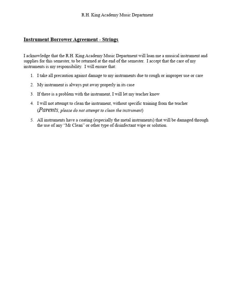 R.H. King Academy Instrument Loan Agreement | PDF
