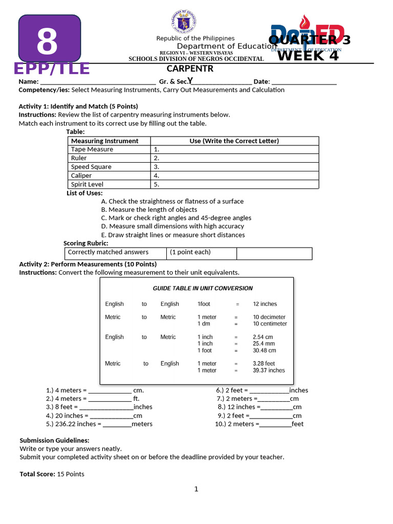 Carpentry Measurement Activity Sheet | PDF | Measurement | Foot (Unit)