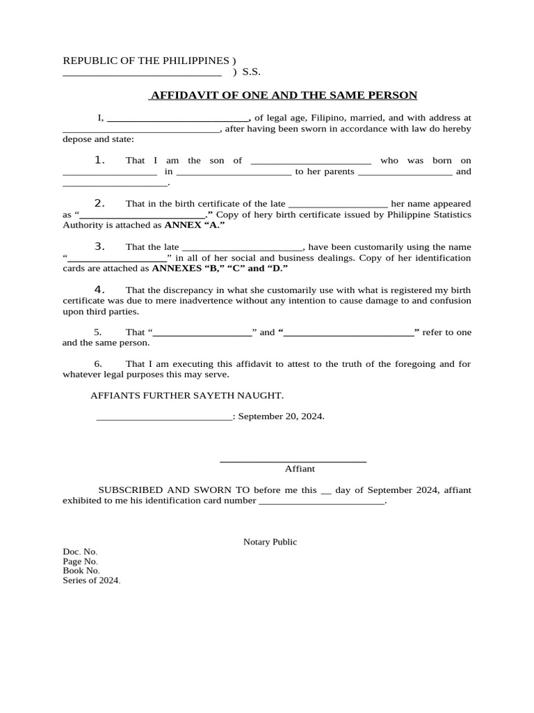 Affidavit of One and The Same Person FORMAT 9-20-24 | PDF