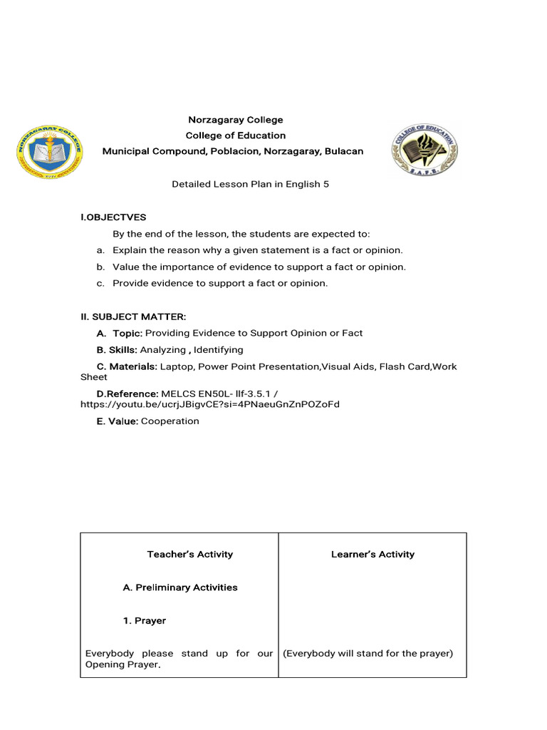 English 5 Lesson Plan: Facts vs. Opinions | PDF | Opinion | Evidence