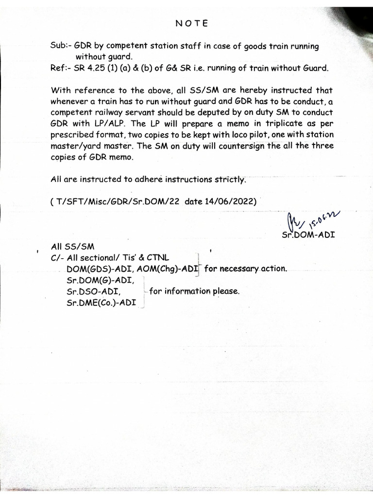 Instruction For GDR in Case of Train Without Guard. | PDF