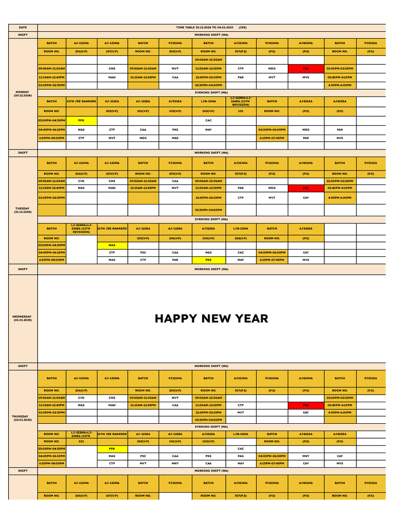 WEEKLY TIME TABLE 0F 2024 - 2025 - Next1 | PDF