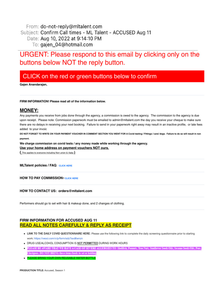 Confirm Call Times - ML Talent - ACCUSED Aug 11 | PDF