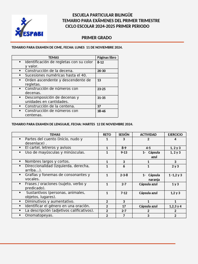 Temario Exámenes 1er Grado 2024-2025 | PDF | Lingüística