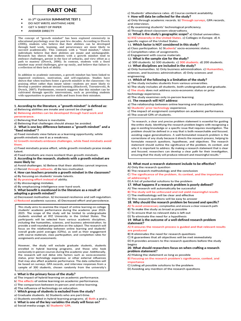 III Summative Test | PDF | Mindset | Sampling (Statistics)