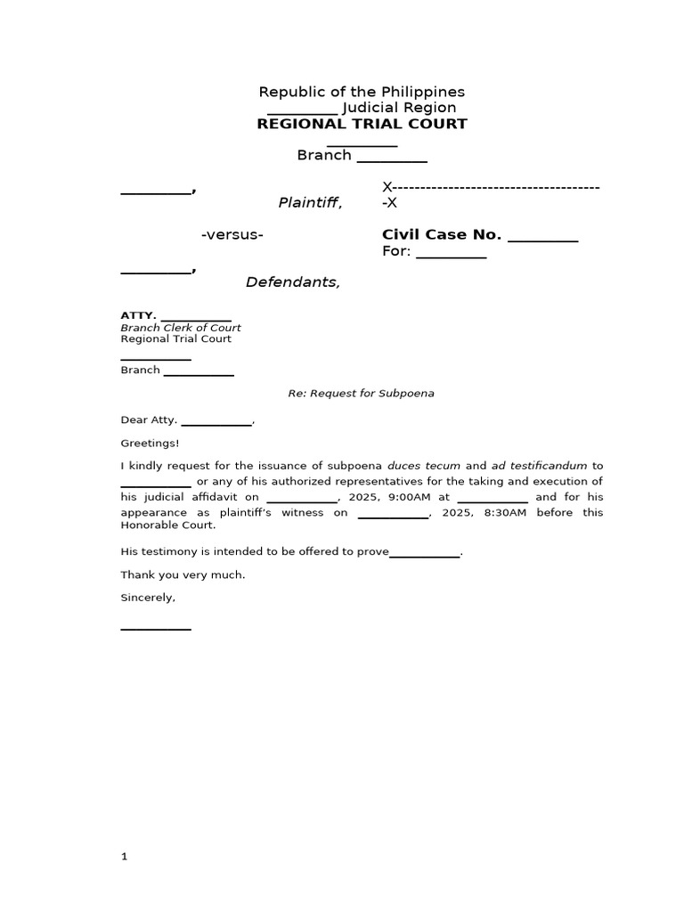 Sample Request For Subpoena | PDF