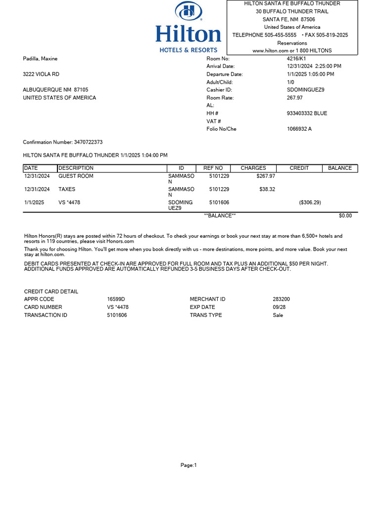 Hilton Santa Fe Buffalo Thunder Receipt | PDF | Hilton Worldwide ...