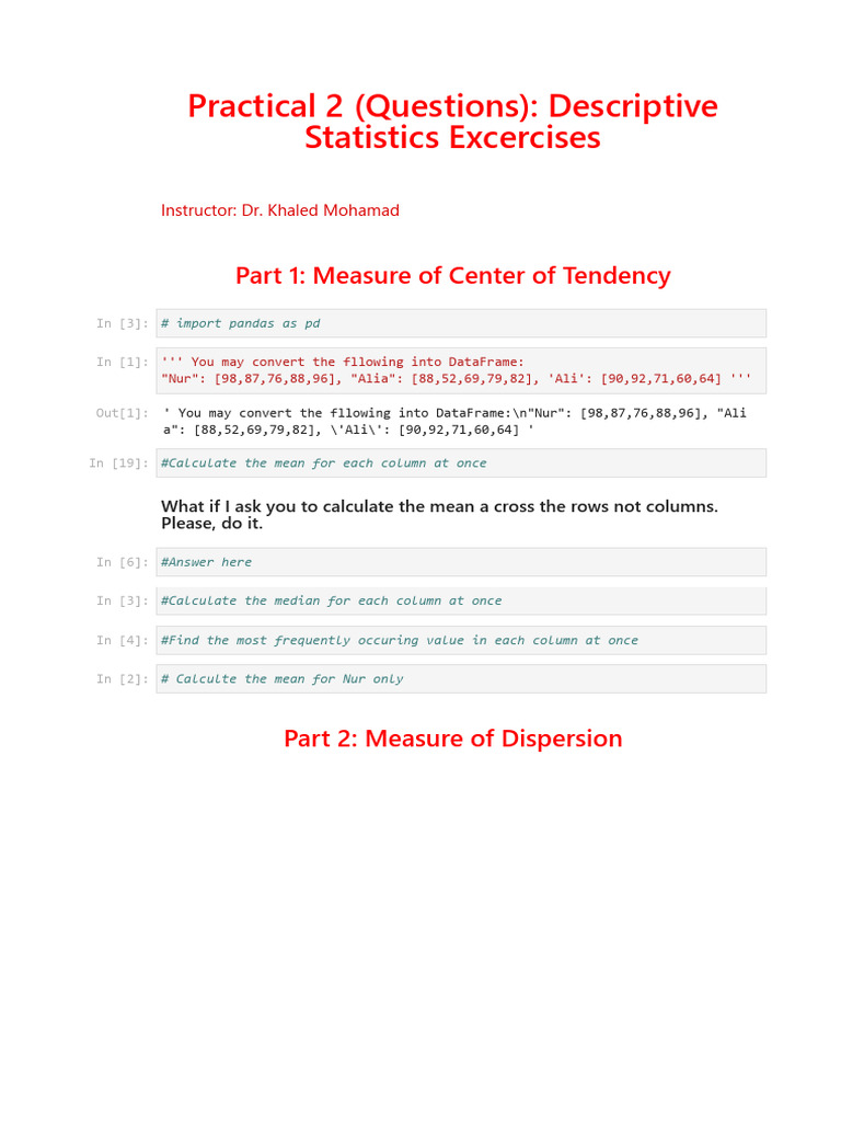 Practical 2 (Questions) Central Tendency Measures of Dispersion | PDF