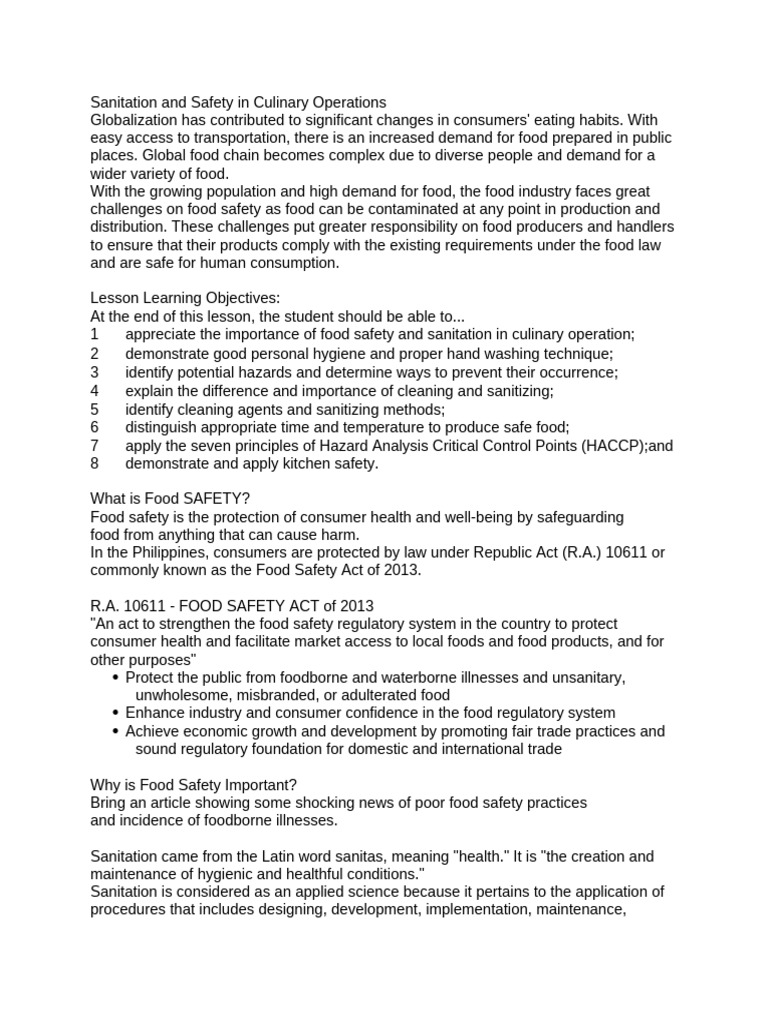 Sanitation and Safety in Culinary Operations | PDF | Food Safety | Hand ...
