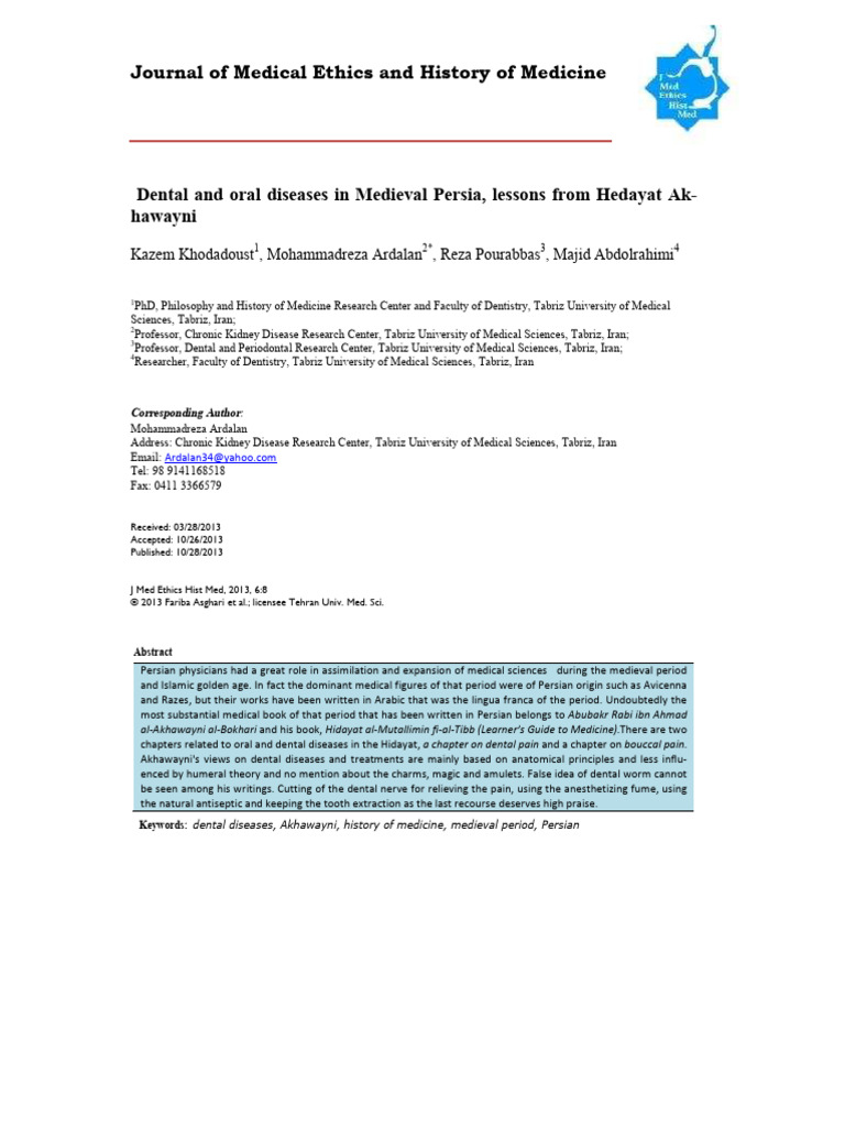 Dental and Oral Diseases in Medieval Per | PDF | Dentistry
