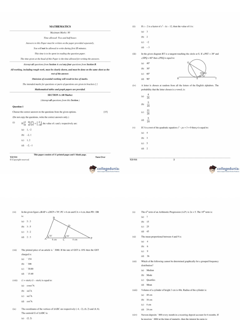 ICSE Class 10 Mathematics Question Paper 2023 | PDF