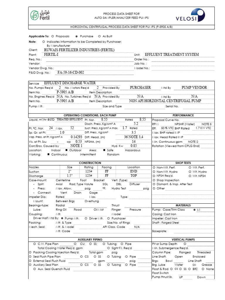 FA-59-31-DD-005, P01 HORIZONTAL CENTRIFUGAL PROCESS DATA SHEET FOR ...