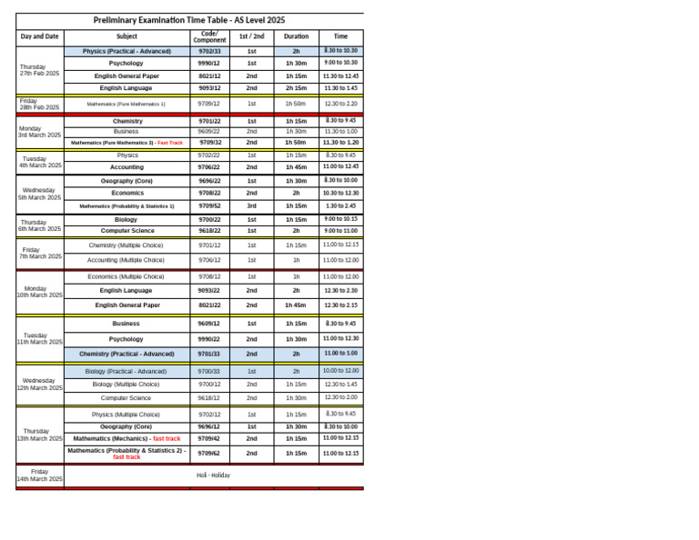 AS Level Preliminary Exam Timetable 2025 | PDF | Mathematics | Science