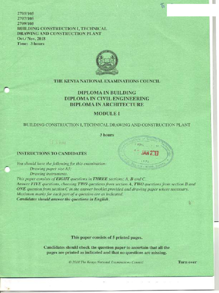 Building Construction I Past KNEC Exam Papers Nov 2018 | PDF