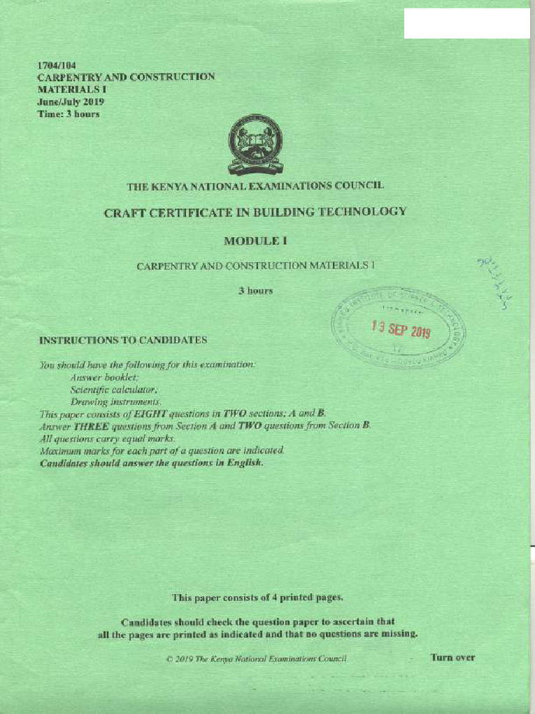 Carpentry KNEC Past Papers 2019 July Craft Certificate | PDF