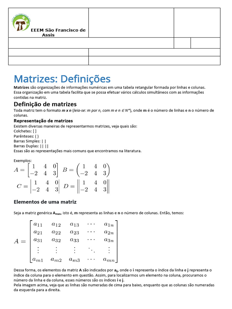 Introdução às Matrizes e Exercícios | PDF | Matriz (Matemática ...