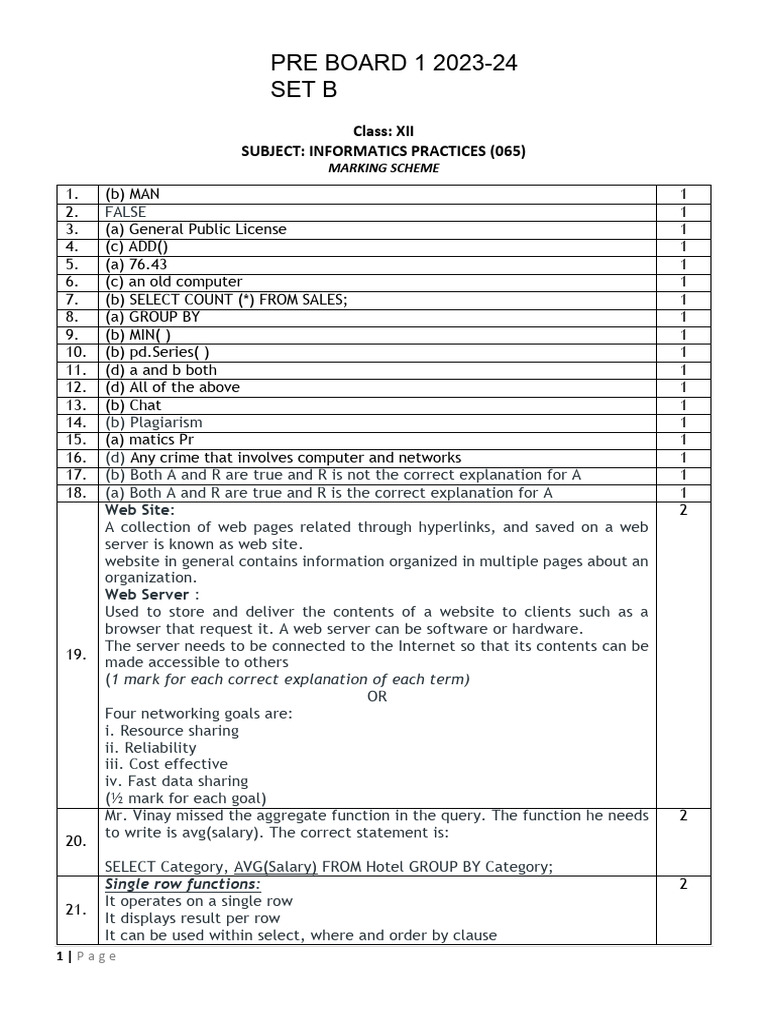 Class 12 Ip Pre Board 1 Set B Answer Key | PDF | World Wide Web ...