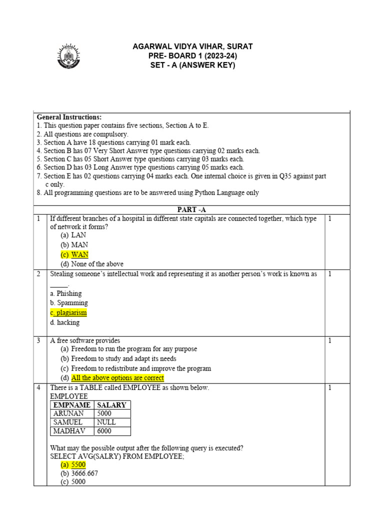 CLASS_12_PRE_BOARD_1_SET_A_ANSWER_KEY | PDF | Computer Network ...