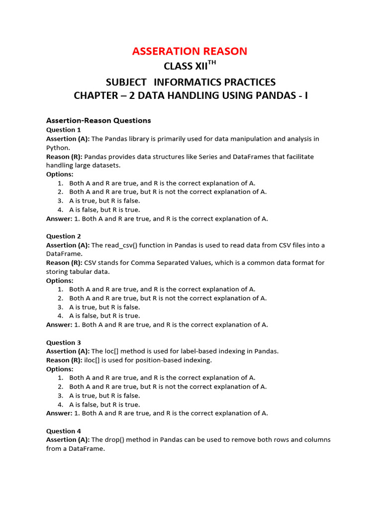 Class 12 Asseration Reason Informatics Practices CHP 2 (2024-25) | PDF | Comma Separated Values