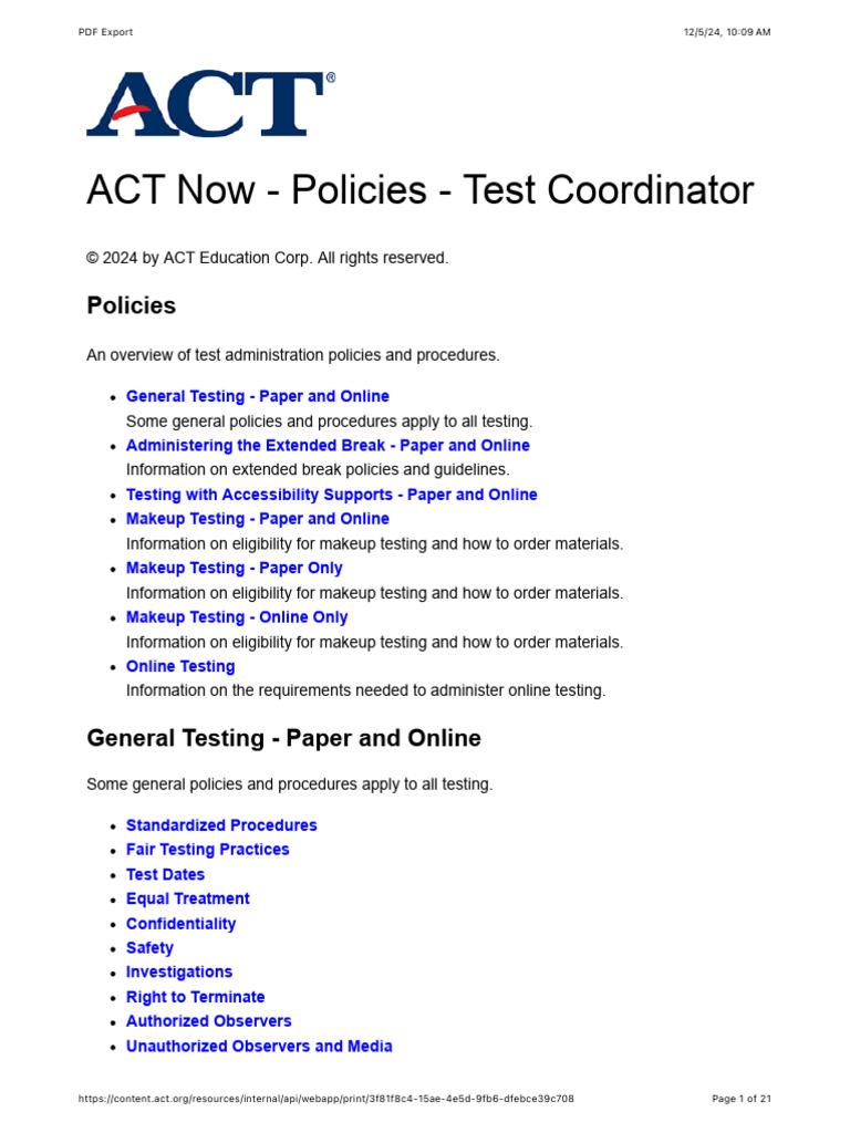 ACT - Policies - Test Coordinator | PDF | Individualized Education Program