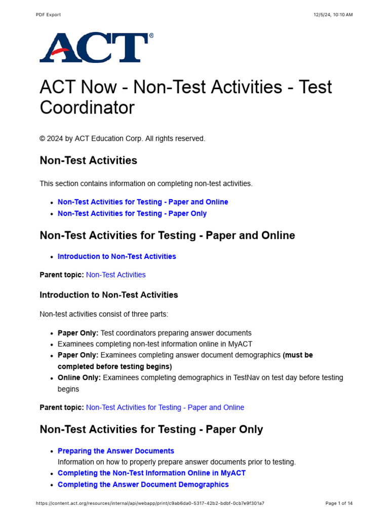 ACT - Non-Test Activities For Testing - Test Coordinator | PDF ...