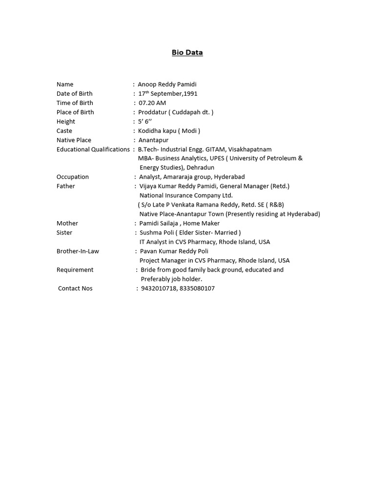Biodata - Anoop - 2 | PDF