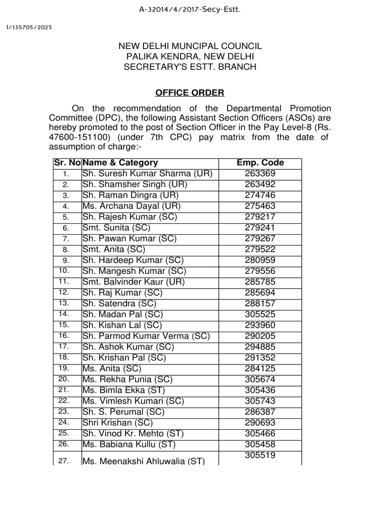 NDMC ASO Promotions to Section Officer | PDF