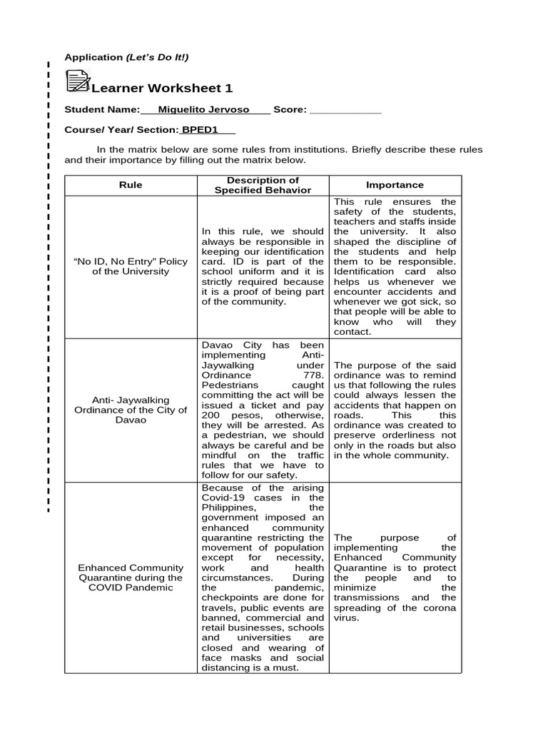 Student Worksheet on Institutional Rules | PDF | Quarantine | Pandemic