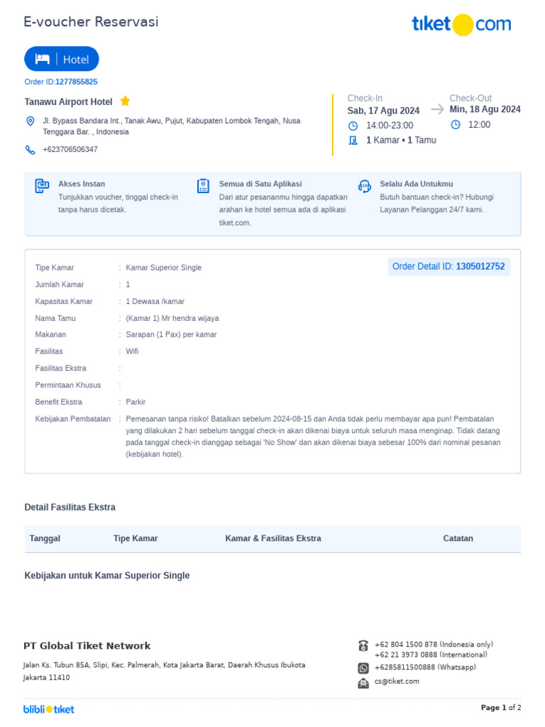 Hotel E-Voucher - Order ID 1277855825 | PDF