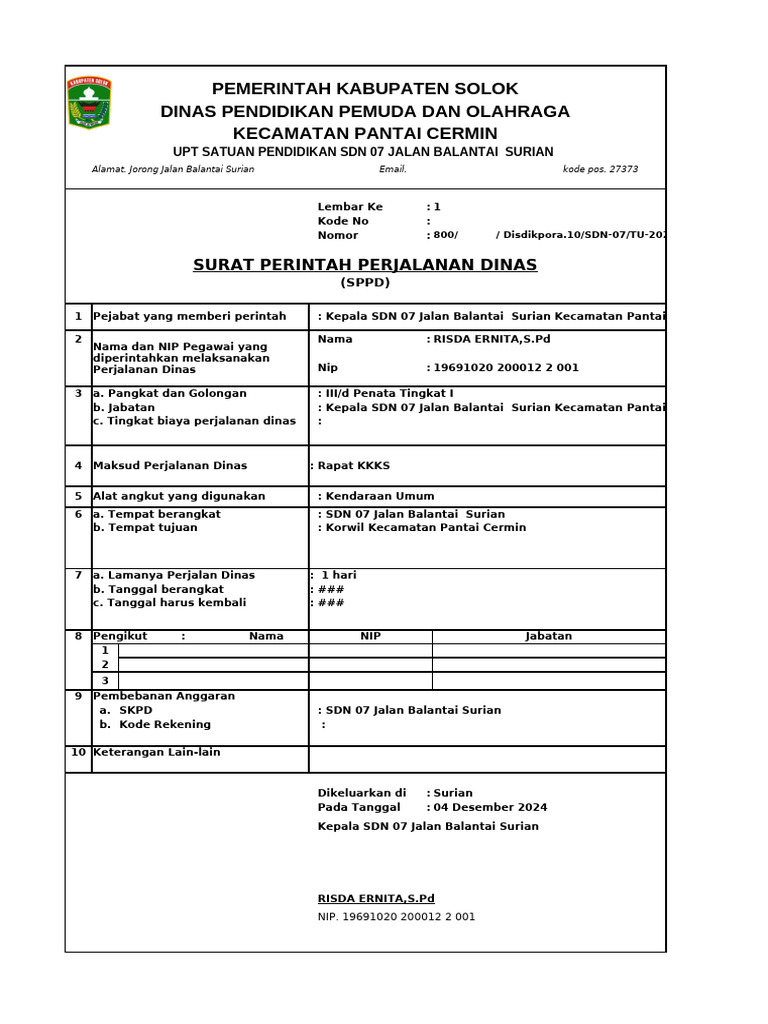 SPPD Perjalanan Dinas SDN 07 Surian | PDF