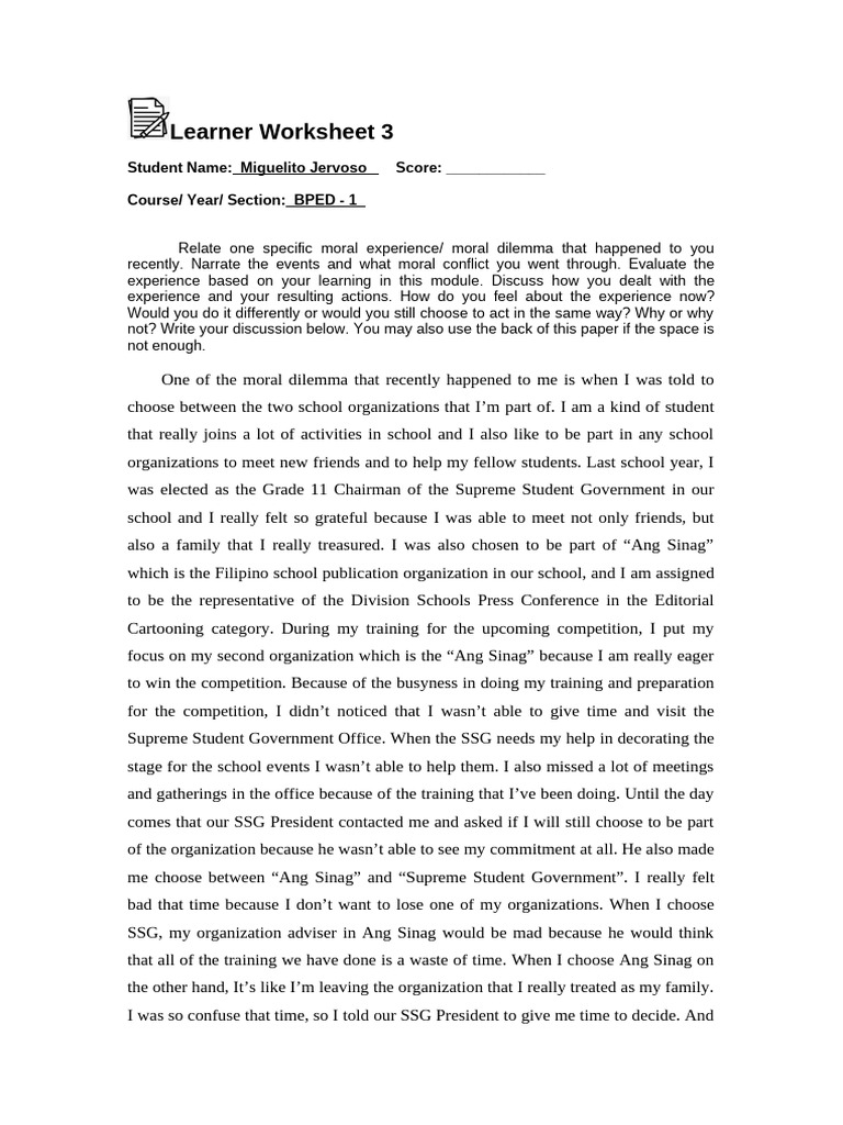 Ethics: LearnerWorksheet3_Module1 | PDF