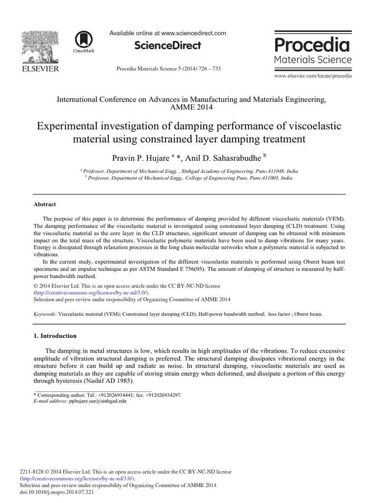 Experimental Investigation of Damping Performance of Viscoelastic Material Using Constrained ...