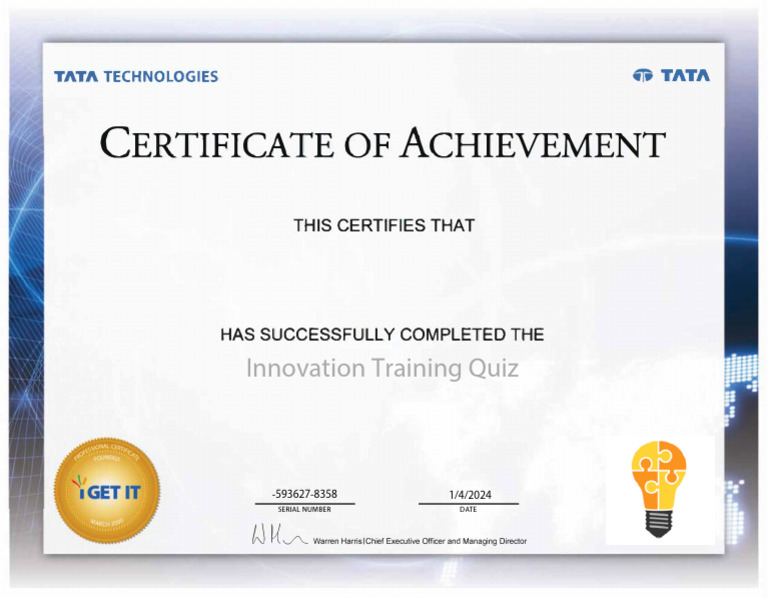 TATA Technologies Achievement Certificate | PDF