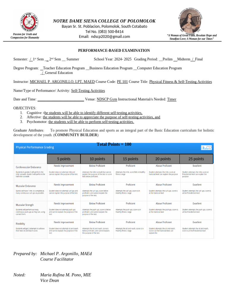 Performance-Based Exam: PE 101 Activities | PDF
