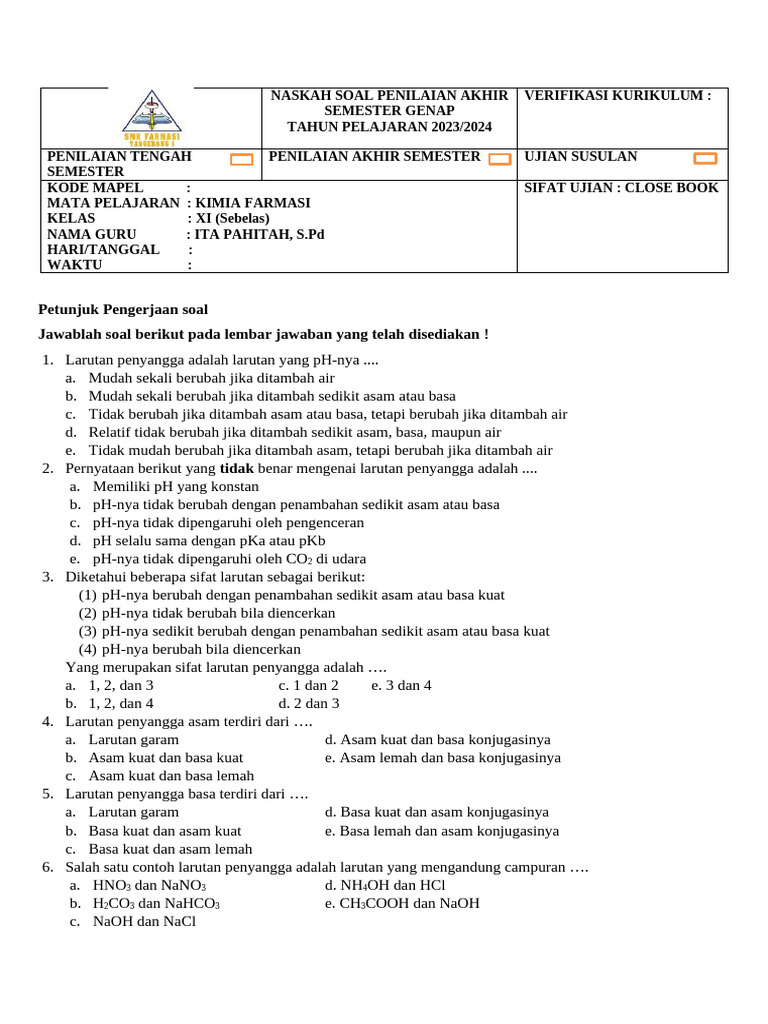 Soal PAS Genap Kimia Farmasi XI 2024 | PDF