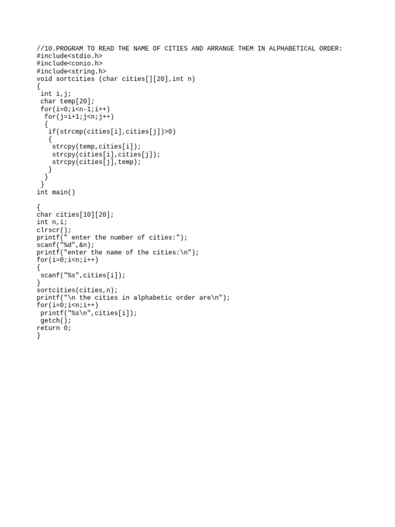 C Program: Sort Cities Alphabetically | PDF