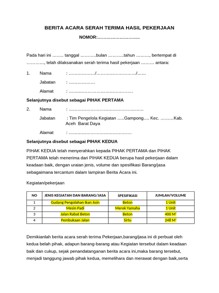 Berita Acara Serah Terima Pekerjaan | PDF