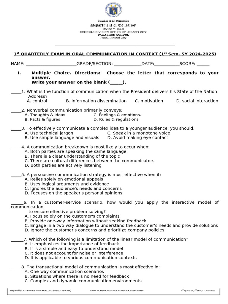 1st Quarter Oral Communication Exam 2024 | PDF | Communication ...