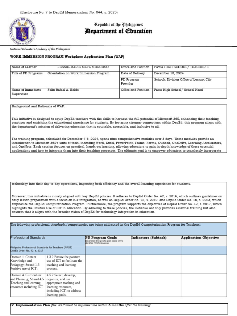 Workplace Application Plan (WAP) - DCP For Teachers I-III | PDF | Educational Technology | Teachers