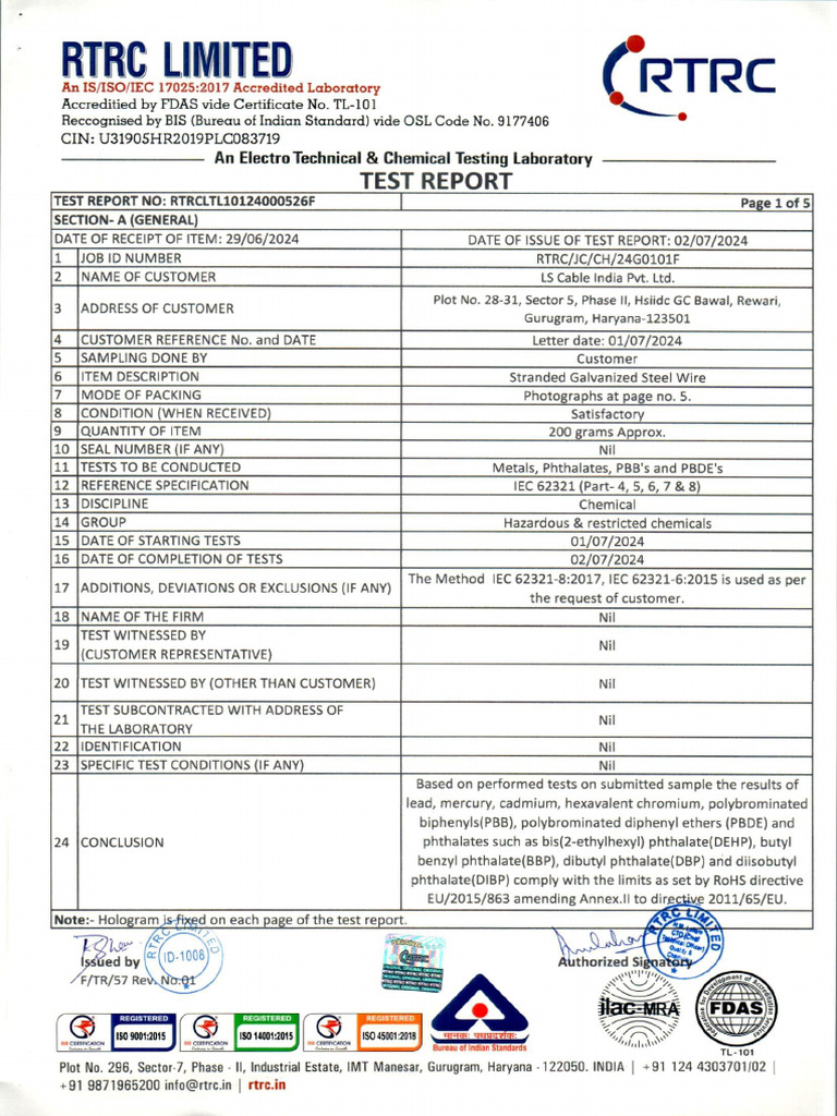 RoHS Report - GI Wire - 240526F - 24G0101F - 0001 | PDF